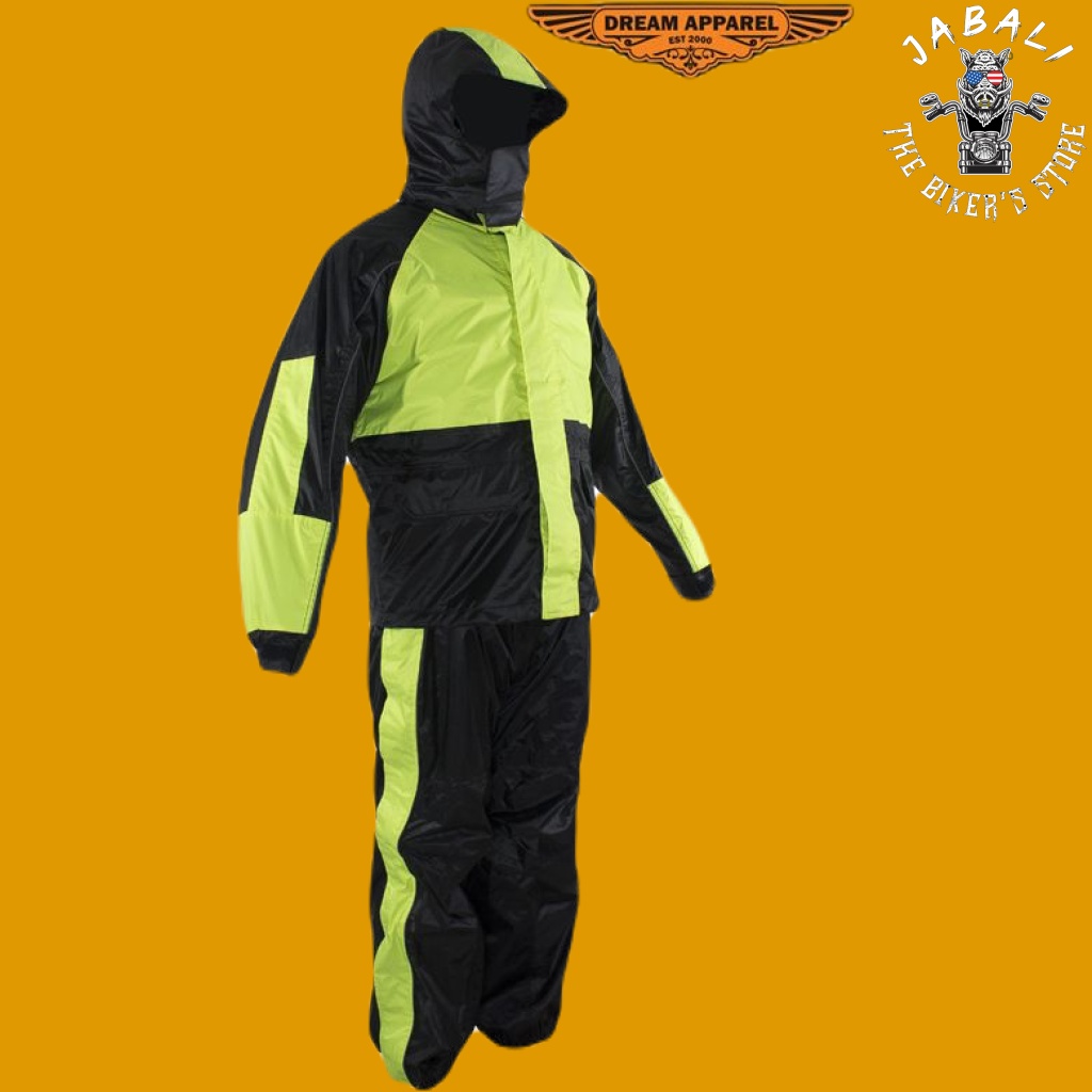 Two-Piece Black & Fluorescent Rain Suit: Stay Dry and Be Seen in Style