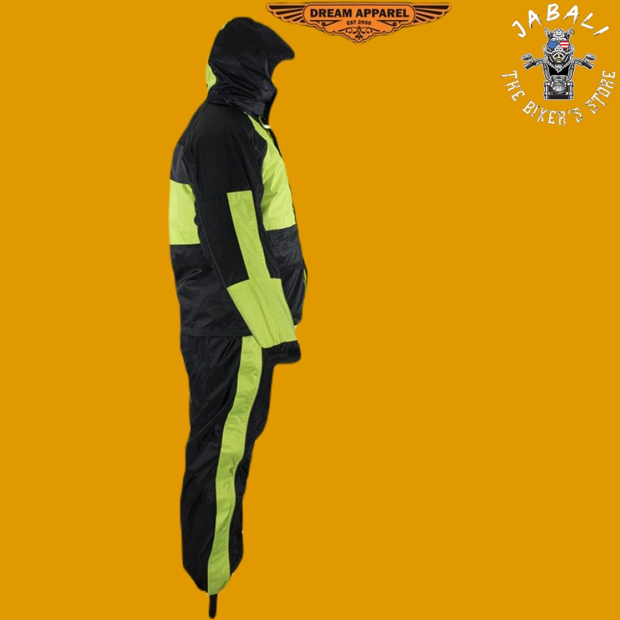 Two-Piece Black & Fluorescent Rain Suit: Stay Dry and Be Seen in Style